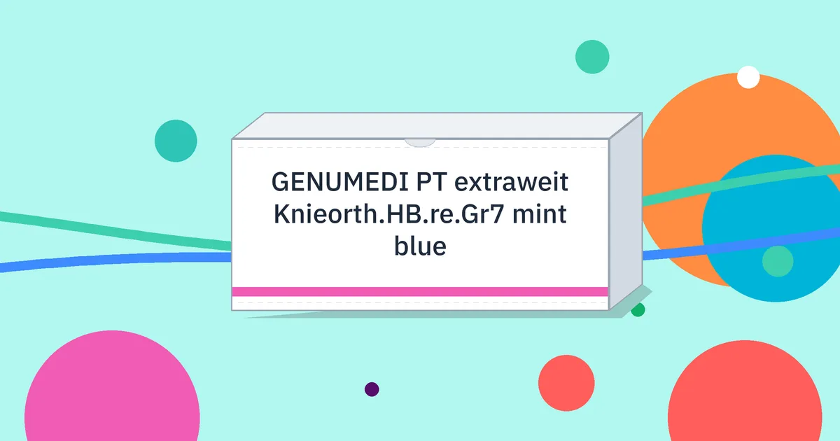 Symbolbild: Packung mit der Aufschrift GENUMEDI PT extraweit Knieorth.HB.re.Gr7 mint blue (PZN 17982734) – Verfügbarkeit und Bezug in Apotheken in Frankfurt am Main
