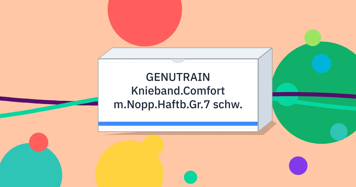 Symbolbild: Packung mit der Aufschrift GENUTRAIN Knieband.Comfort m.Nopp.Haftb.Gr.7 schw. (PZN 20040102) – Verfügbarkeit und Bezug in Apotheken in Frankfurt am Main