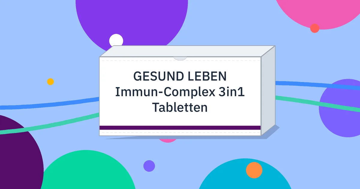 Symbolbild: Packung mit der Aufschrift GESUND LEBEN Immun-Complex 3in1 Tabletten (PZN 18771689) – Verfügbarkeit und Bezug in Apotheken in Frankfurt am Main