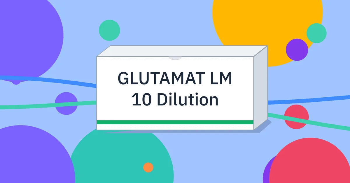 Symbolbild: Packung mit der Aufschrift GLUTAMAT LM 10 Dilution (PZN 12879374) – Verfügbarkeit und Bezug in Apotheken in Frankfurt am Main