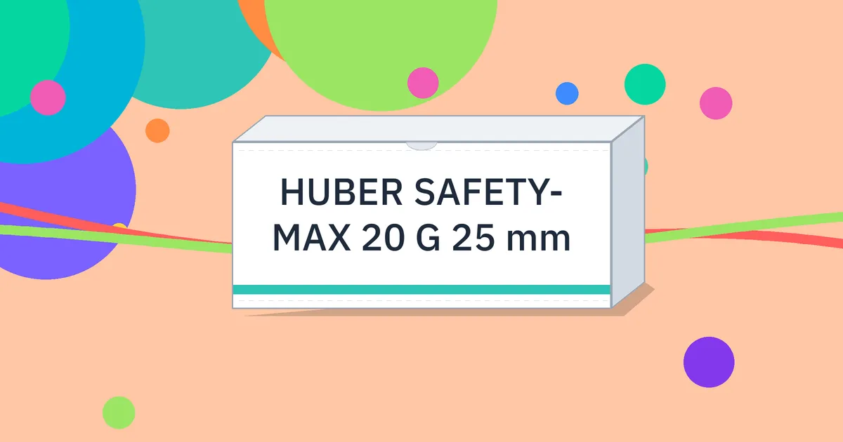 Symbolbild: Packung mit der Aufschrift HUBER SAFETY-MAX 20 G 25 mm (PZN 10185093) – Verfügbarkeit und Bezug in Apotheken in Frankfurt am Main