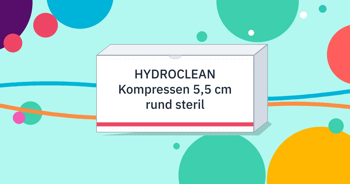 Symbolbild: Packung mit der Aufschrift HYDROCLEAN Kompressen 5,5 cm rund steril (PZN 19701107) – Verfügbarkeit und Bezug in Apotheken in Frankfurt am Main