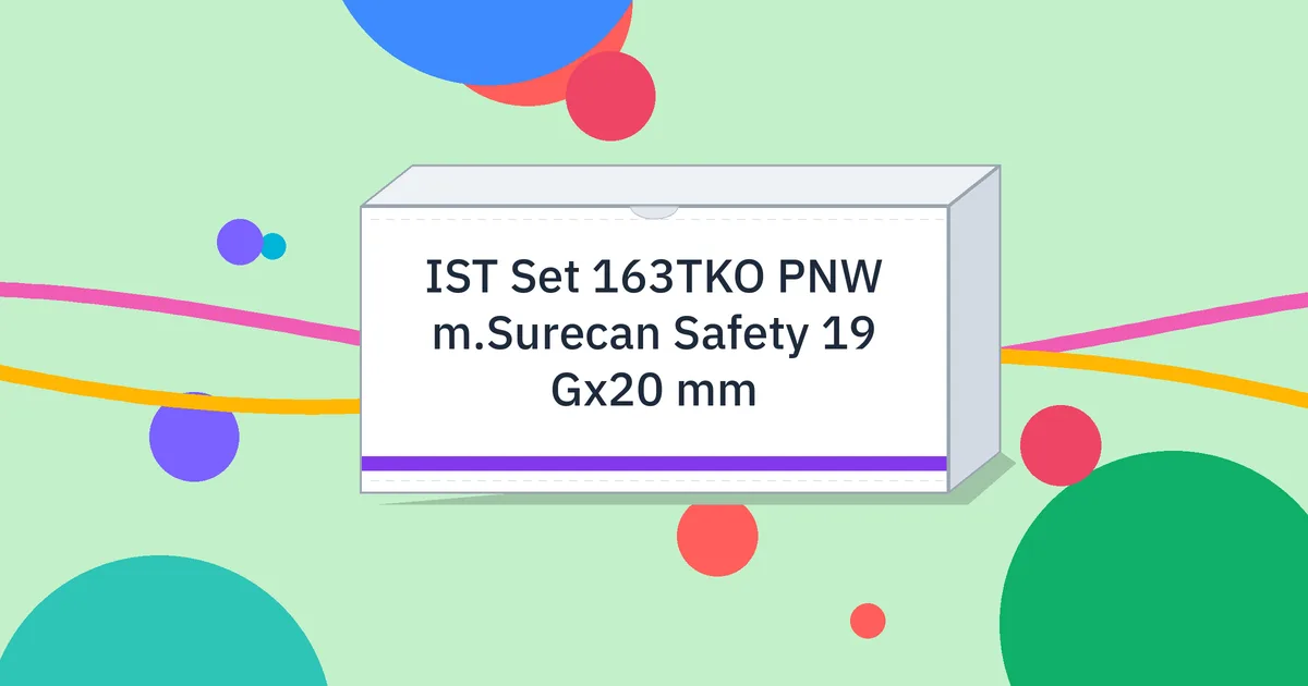 Symbolbild: Packung mit der Aufschrift IST Set 163TKO PNW m.Surecan Safety 19 Gx20 mm (PZN 13332896) – Verfügbarkeit und Bezug in Apotheken in Frankfurt am Main