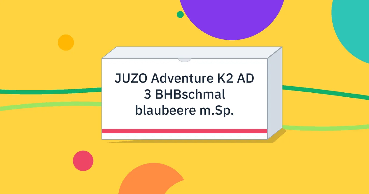 Symbolbild: Packung mit der Aufschrift JUZO Adventure K2 AD 3 BHBschmal blaubeere m.Sp. (PZN 16345681) – Verfügbarkeit und Bezug in Apotheken in Frankfurt am Main