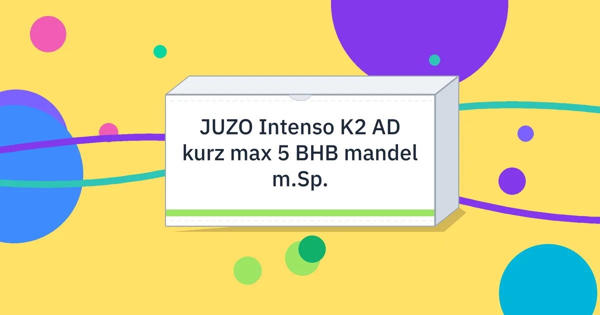 Symbolbild: Packung mit der Aufschrift JUZO Intenso K2 AD kurz max 5 BHB mandel m.Sp. (PZN 18615831) – Verfügbarkeit und Bezug in Apotheken in Frankfurt am Main