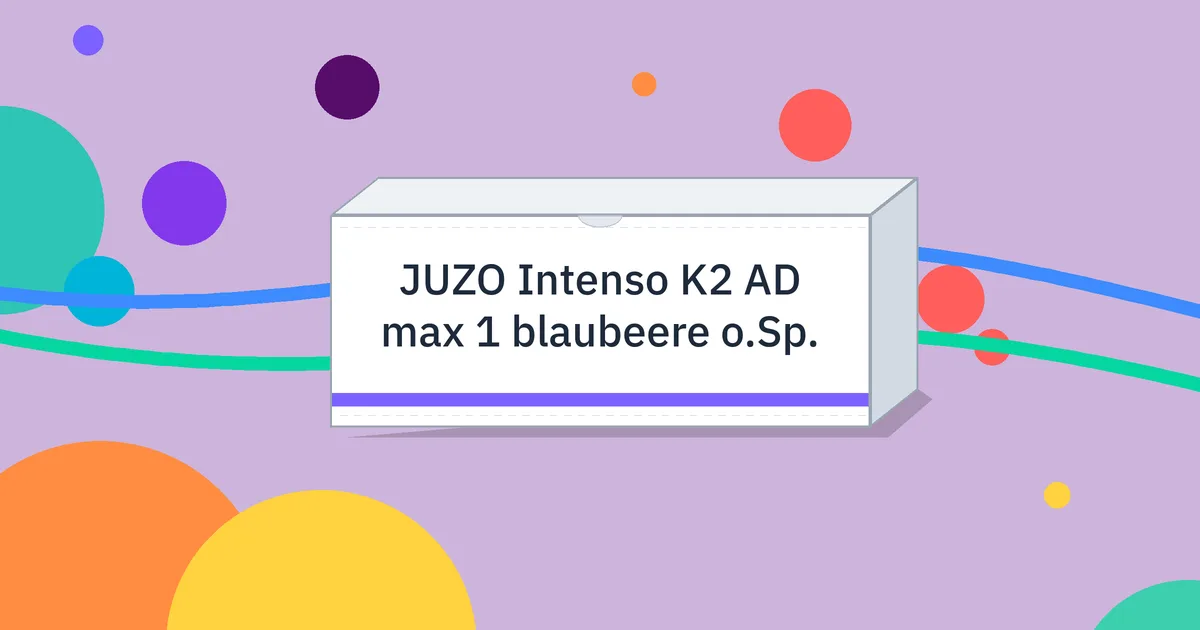 Symbolbild: Packung mit der Aufschrift JUZO Intenso K2 AD max 1 blaubeere o.Sp. (PZN 18619800) – Verfügbarkeit und Bezug in Apotheken in Frankfurt am Main