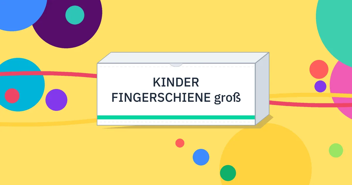 Symbolbild: Packung mit der Aufschrift KINDER FINGERSCHIENE groß (PZN 02639048) – Verfügbarkeit und Bezug in Apotheken in Frankfurt am Main