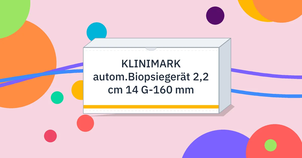 Symbolbild: Packung mit der Aufschrift KLINIMARK autom.Biopsiegerät 2,2 cm 14 G-160 mm (PZN 09208570) – Verfügbarkeit und Bezug in Apotheken in Frankfurt am Main