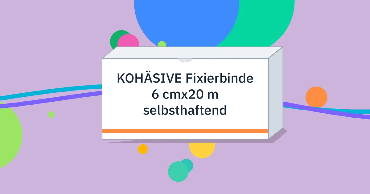 Symbolbild: Packung mit der Aufschrift KOHÄSIVE Fixierbinde 6 cmx20 m selbsthaftend (PZN 17542662) – Verfügbarkeit und Bezug in Apotheken in Frankfurt am Main