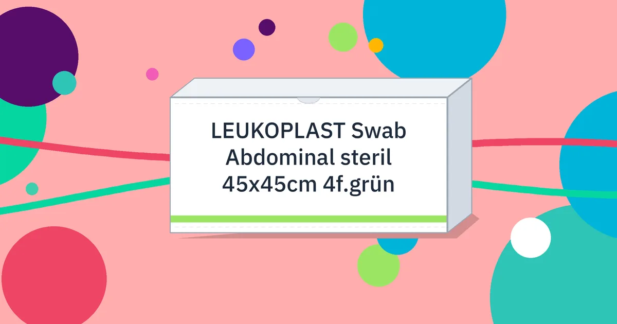 Symbolbild: Packung mit der Aufschrift LEUKOPLAST Swab Abdominal steril 45x45cm 4f.grün (PZN 17208124) – Verfügbarkeit und Bezug in Apotheken in Frankfurt am Main