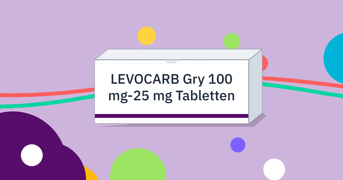 Symbolbild: Packung mit der Aufschrift LEVOCARB Gry 100 mg-25 mg Tabletten (PZN 08789837) – Verfügbarkeit und Bezug in Apotheken in Frankfurt am Main