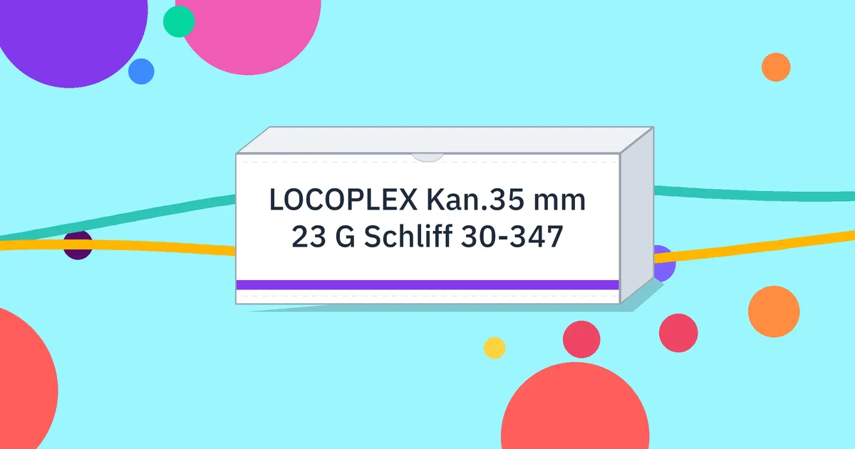 Symbolbild: Packung mit der Aufschrift LOCOPLEX Kan.35 mm 23 G Schliff 30-347 (PZN 04481597) – Verfügbarkeit und Bezug in Apotheken in Frankfurt am Main