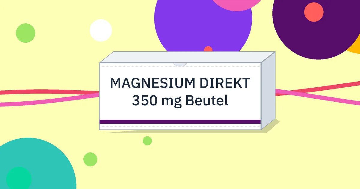 Symbolbild: Packung mit der Aufschrift MAGNESIUM DIREKT 350 mg Beutel (PZN 19687264) – Verfügbarkeit und Bezug in Apotheken in Frankfurt am Main
