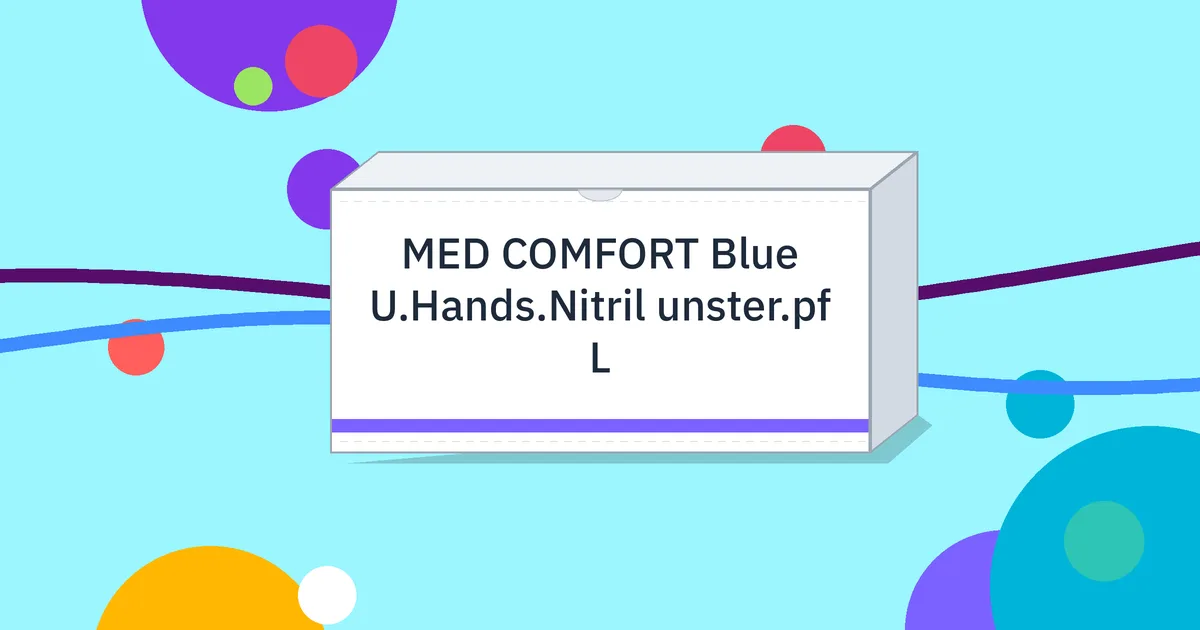 Symbolbild: Packung mit der Aufschrift MED COMFORT Blue U.Hands.Nitril unster.pf L (PZN 15570269) – Verfügbarkeit und Bezug in Apotheken in Frankfurt am Main