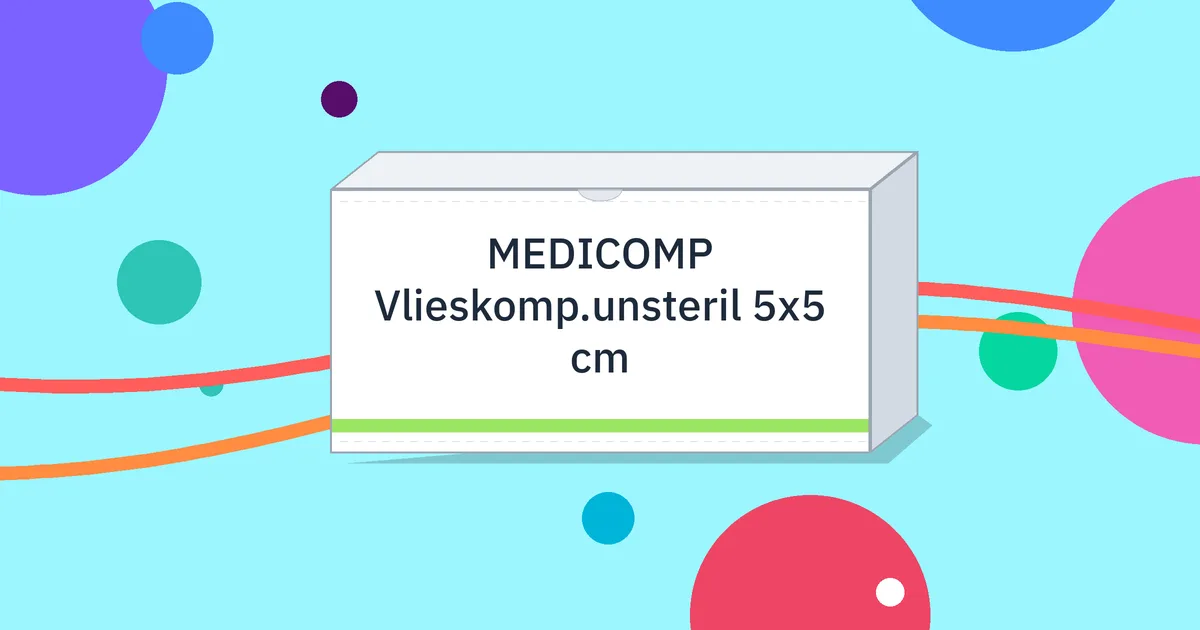Symbolbild: Packung mit der Aufschrift MEDICOMP Vlieskomp.unsteril 5x5 cm (PZN 12593985) – Verfügbarkeit und Bezug in Apotheken in Frankfurt am Main