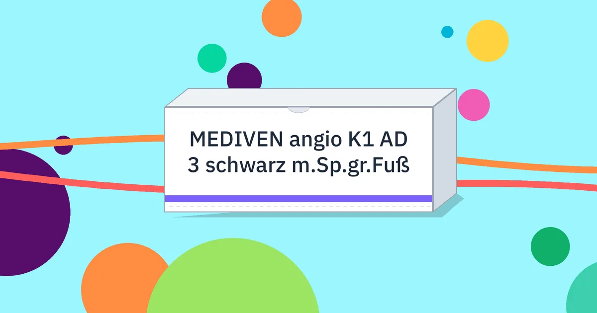 Symbolbild: Packung mit der Aufschrift MEDIVEN angio K1 AD 3 schwarz m.Sp.gr.Fuß (PZN 17210196) – Verfügbarkeit und Bezug in Apotheken in Frankfurt am Main