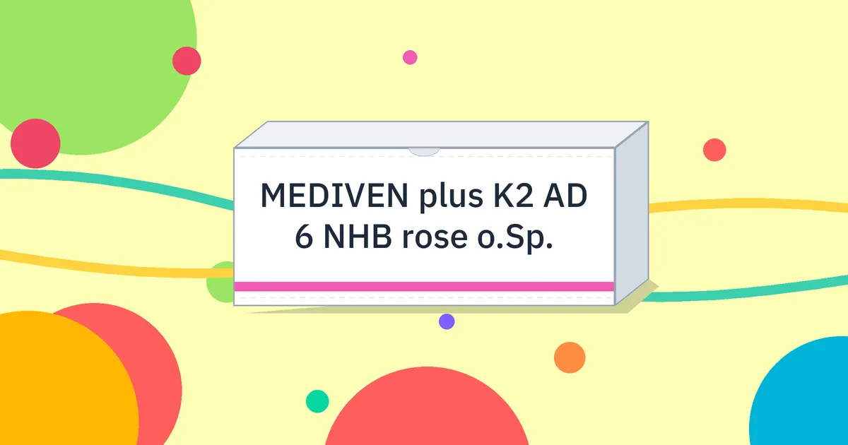 Symbolbild: Packung mit der Aufschrift MEDIVEN plus K2 AD 6 NHB rose o.Sp. (PZN 15936552) – Verfügbarkeit und Bezug in Apotheken in Frankfurt am Main