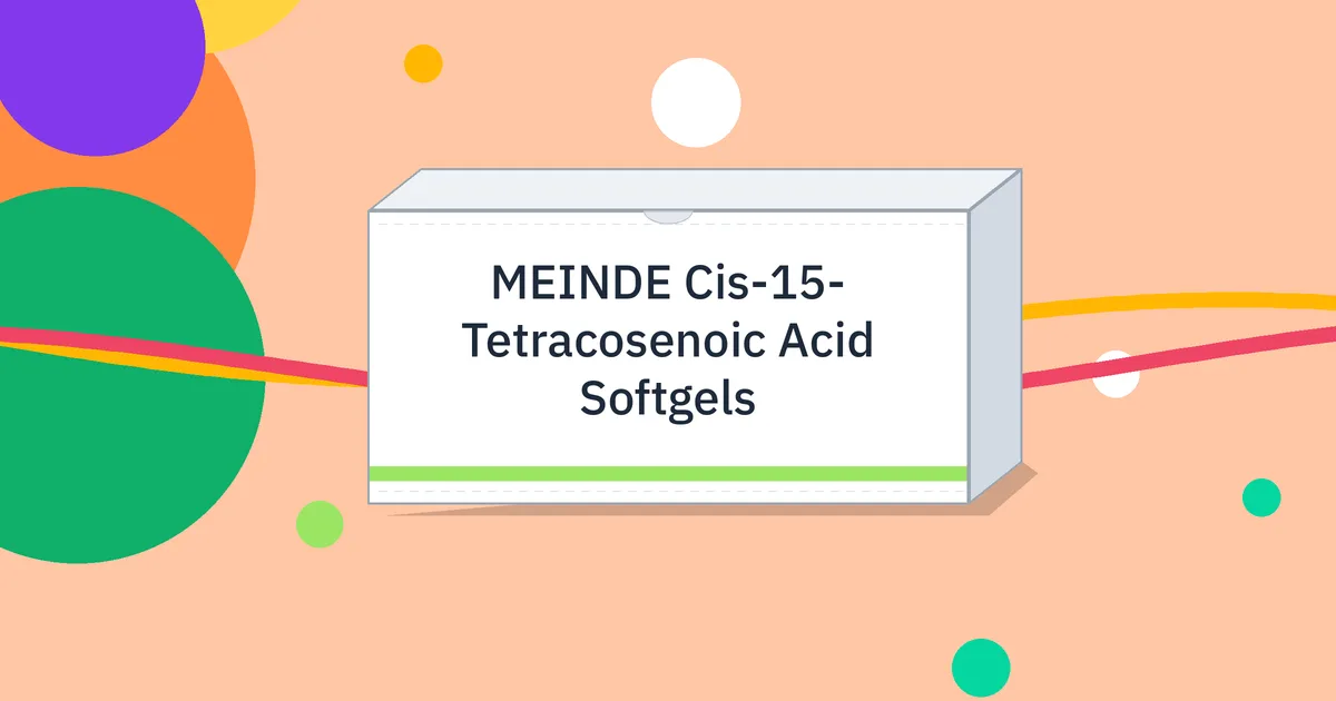 Symbolbild: Packung mit der Aufschrift MEINDE Cis-15-Tetracosenoic Acid Softgels (PZN 20103475) – Verfügbarkeit und Bezug in Apotheken in Frankfurt am Main
