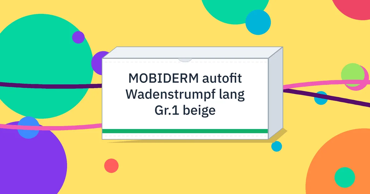 Symbolbild: Packung mit der Aufschrift MOBIDERM autofit Wadenstrumpf lang Gr.1 beige (PZN 13969926) – Verfügbarkeit und Bezug in Apotheken in Frankfurt am Main