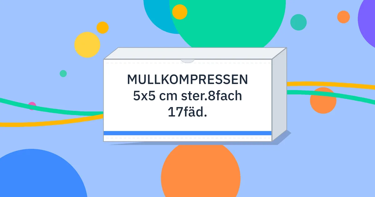 Symbolbild: Packung mit der Aufschrift MULLKOMPRESSEN 5x5 cm ster.8fach 17fäd. (PZN 06929122) – Verfügbarkeit und Bezug in Apotheken in Frankfurt am Main