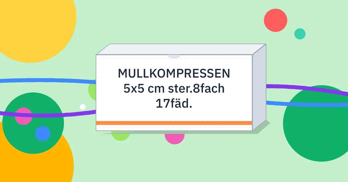 Symbolbild: Packung mit der Aufschrift MULLKOMPRESSEN 5x5 cm ster.8fach 17fäd. (PZN 06929145) – Verfügbarkeit und Bezug in Apotheken in Frankfurt am Main