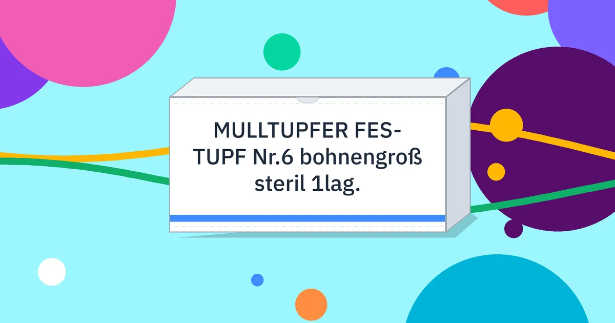 Symbolbild: Packung mit der Aufschrift MULLTUPFER FES-TUPF Nr.6 bohnengroß steril 1lag. (PZN 14266457) – Verfügbarkeit und Bezug in Apotheken in Frankfurt am Main