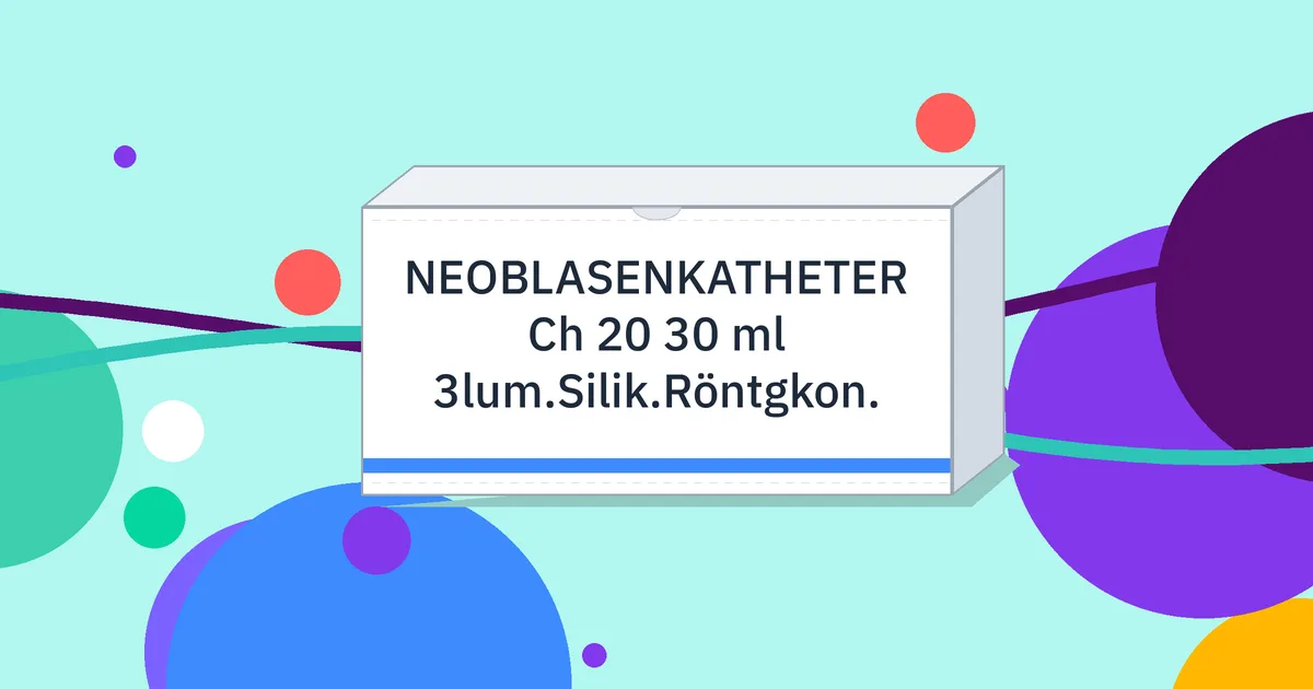 Symbolbild: Packung mit der Aufschrift NEOBLASENKATHETER Ch 20 30 ml 3lum.Silik.Röntgkon. (PZN 17508180) – Verfügbarkeit und Bezug in Apotheken in Frankfurt am Main