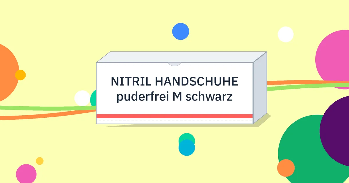 Symbolbild: Packung mit der Aufschrift NITRIL HANDSCHUHE puderfrei M schwarz (PZN 09617274) – Verfügbarkeit und Bezug in Apotheken in Frankfurt am Main
