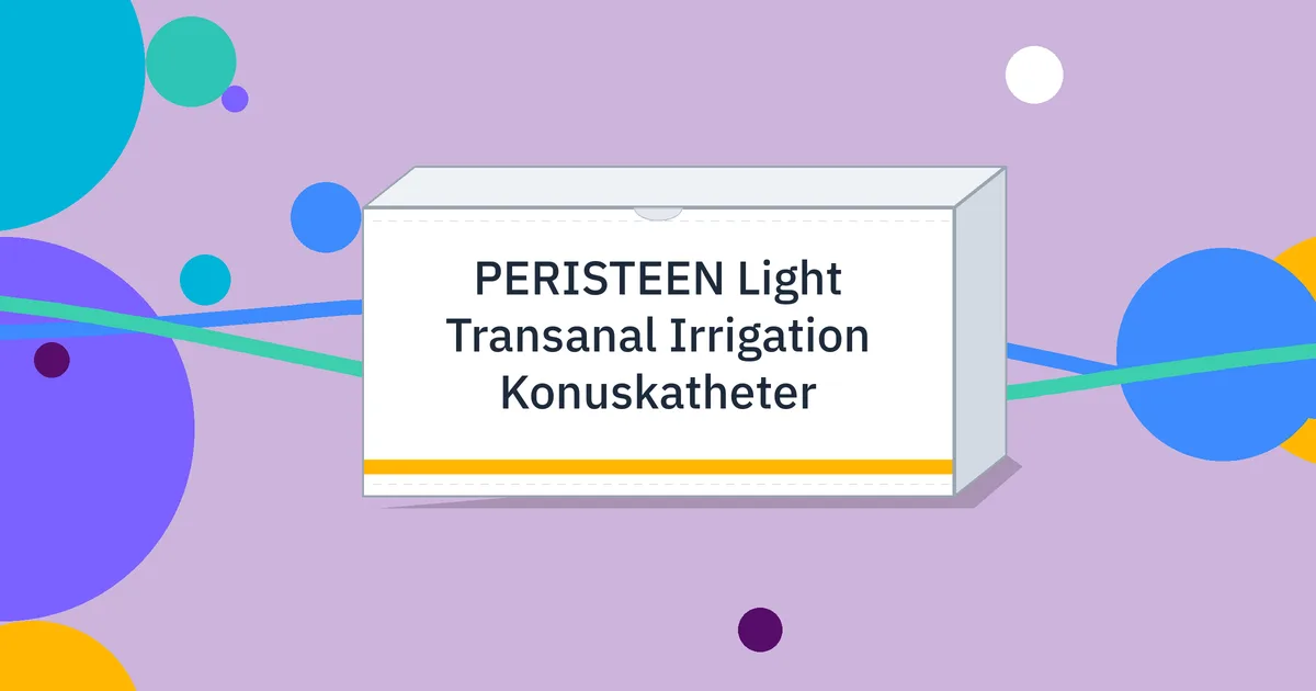 Symbolbild: Packung mit der Aufschrift PERISTEEN Light Transanal Irrigation Konuskatheter (PZN 19177853) – Verfügbarkeit und Bezug in Apotheken in Frankfurt am Main