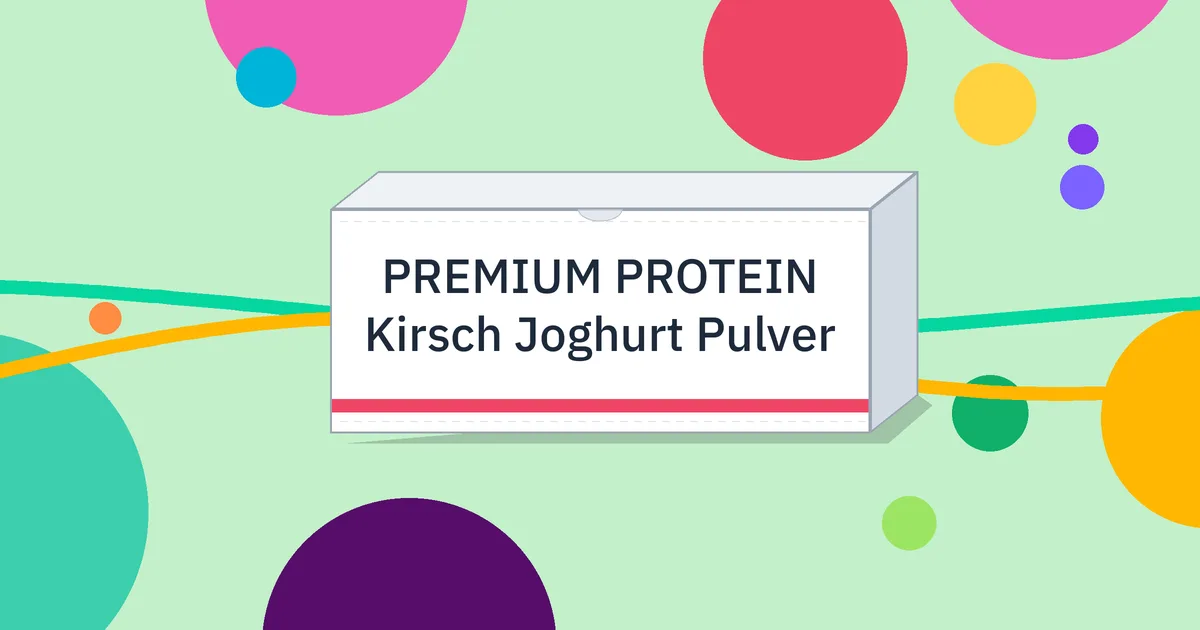 Symbolbild: Packung mit der Aufschrift PREMIUM PROTEIN Kirsch Joghurt Pulver (PZN 12458773) – Verfügbarkeit und Bezug in Apotheken in Frankfurt am Main