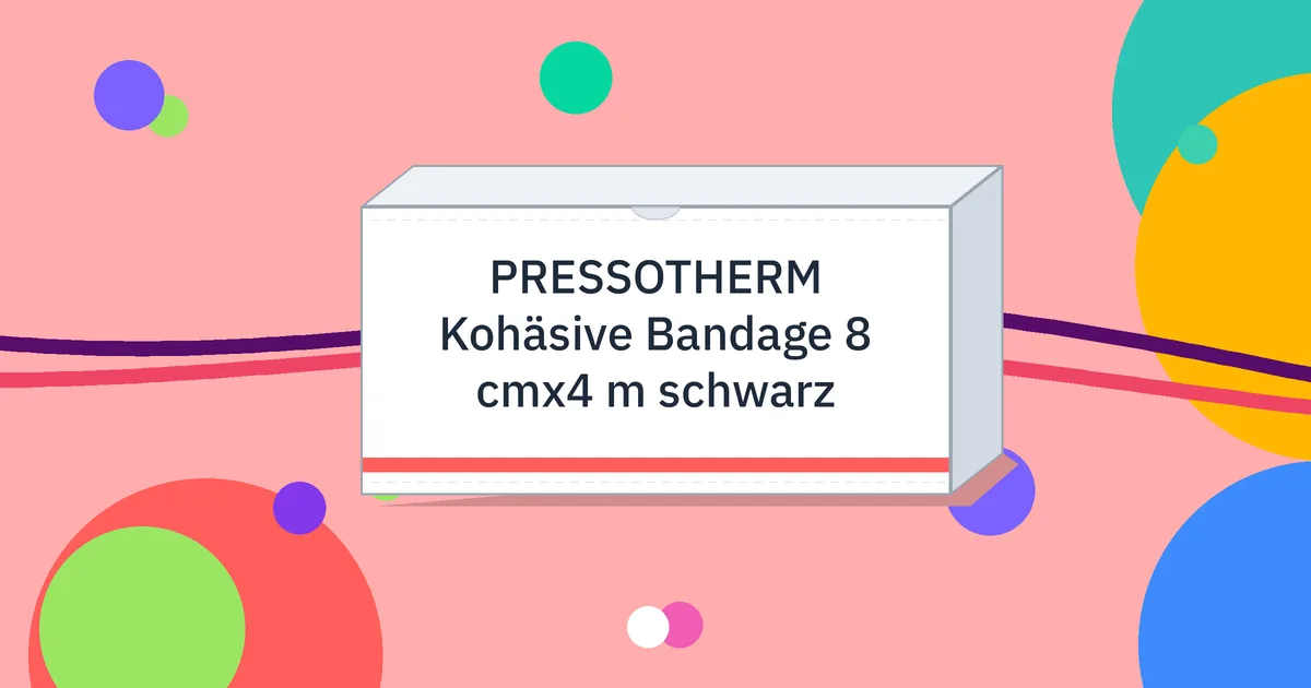 Symbolbild: Packung mit der Aufschrift PRESSOTHERM Kohäsive Bandage 8 cmx4 m schwarz (PZN 07795161) – Verfügbarkeit und Bezug in Apotheken in Frankfurt am Main