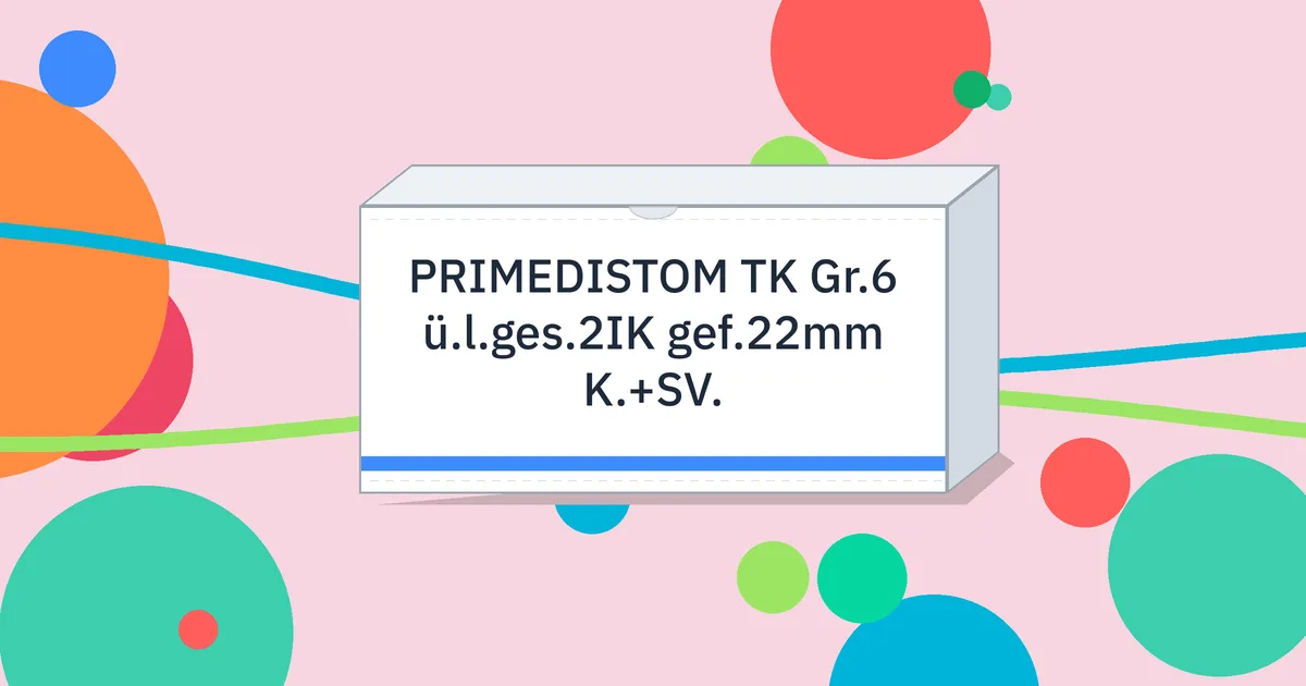 Symbolbild: Packung mit der Aufschrift PRIMEDISTOM TK Gr.6 ü.l.ges.2IK gef.22mm K.+SV. (PZN 10928559) – Verfügbarkeit und Bezug in Apotheken in Frankfurt am Main