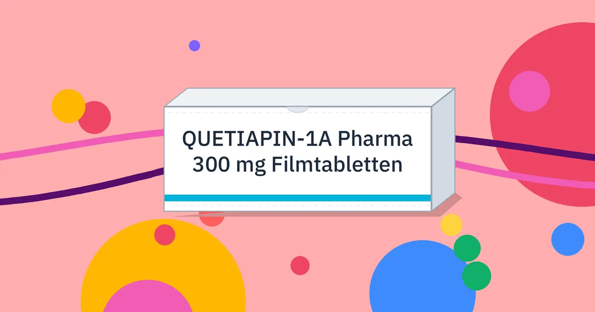 Symbolbild: Packung mit der Aufschrift QUETIAPIN-1A Pharma 300 mg Filmtabletten (PZN 09494943) – Verfügbarkeit und Bezug in Apotheken in Frankfurt am Main