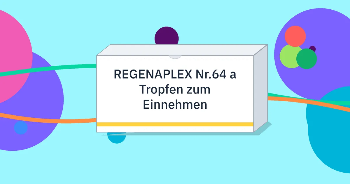 Symbolbild: Packung mit der Aufschrift REGENAPLEX Nr.64 a Tropfen zum Einnehmen (PZN 02643127) – Verfügbarkeit und Bezug in Apotheken in Frankfurt am Main