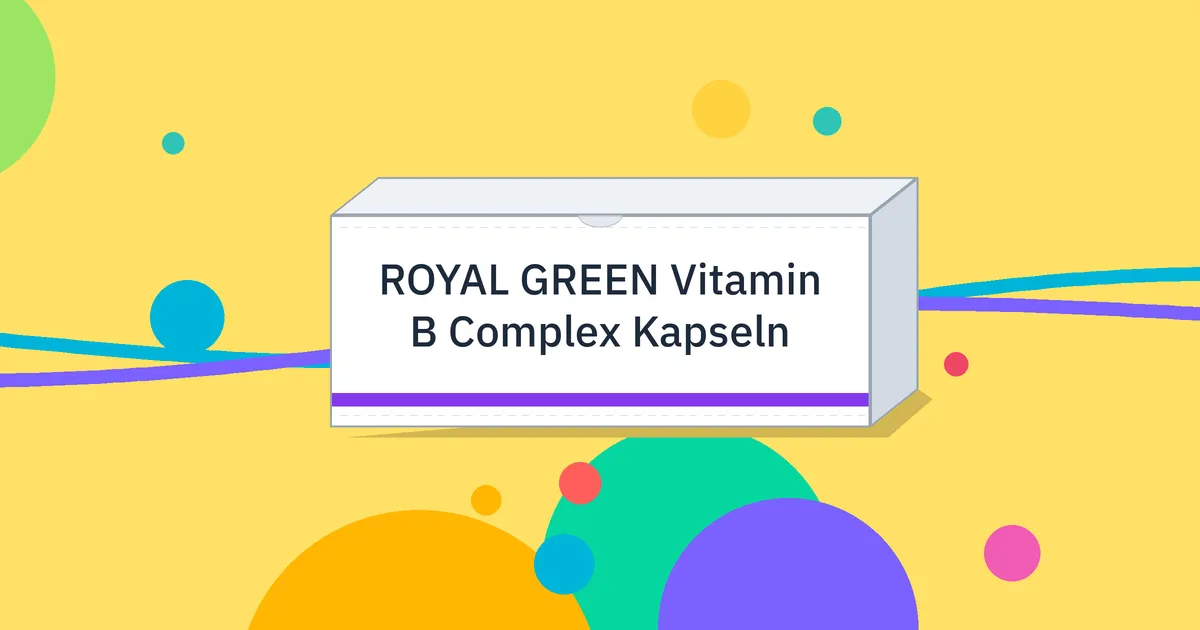 Symbolbild: Packung mit der Aufschrift ROYAL GREEN Vitamin B Complex Kapseln (PZN 16504990) – Verfügbarkeit und Bezug in Apotheken in Frankfurt am Main