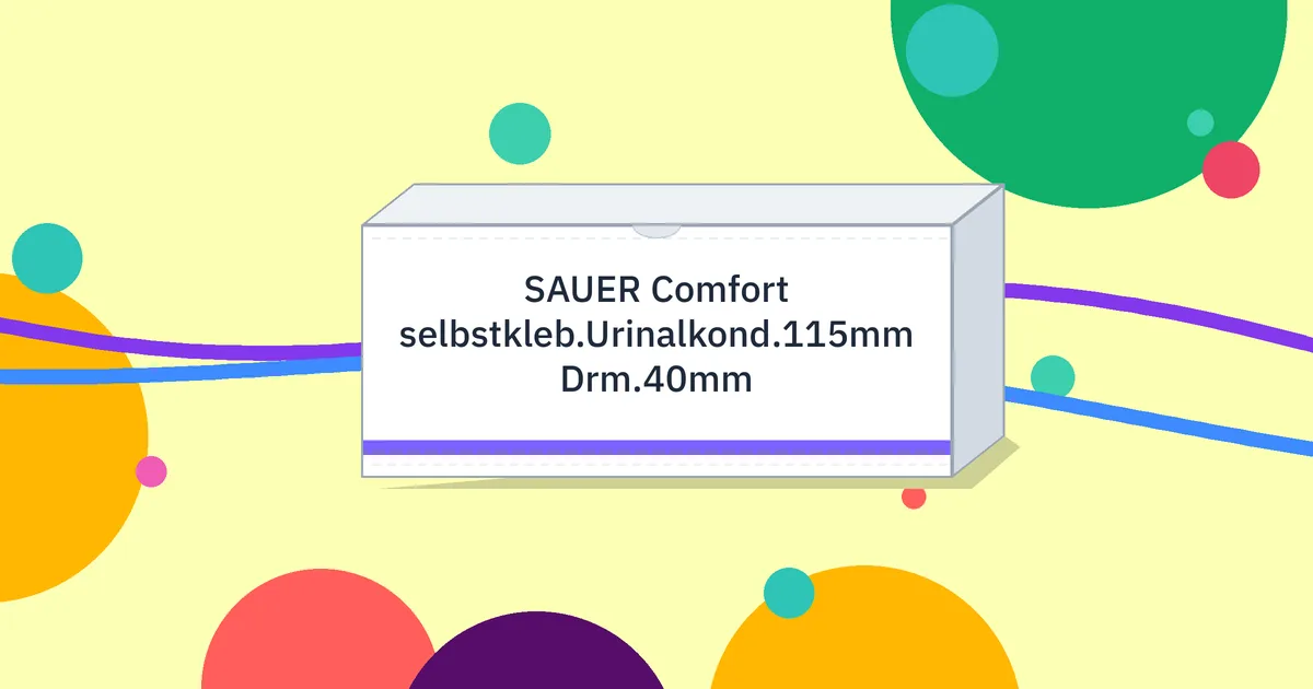 Symbolbild: Packung mit der Aufschrift SAUER Comfort selbstkleb.Urinalkond.115mm Drm.40mm (PZN 00464538) – Verfügbarkeit und Bezug in Apotheken in Frankfurt am Main