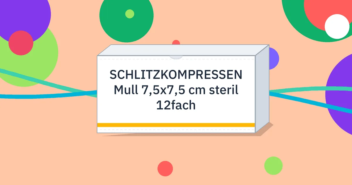 Symbolbild: Packung mit der Aufschrift SCHLITZKOMPRESSEN Mull 7,5x7,5 cm steril 12fach (PZN 07742940) – Verfügbarkeit und Bezug in Apotheken in Frankfurt am Main