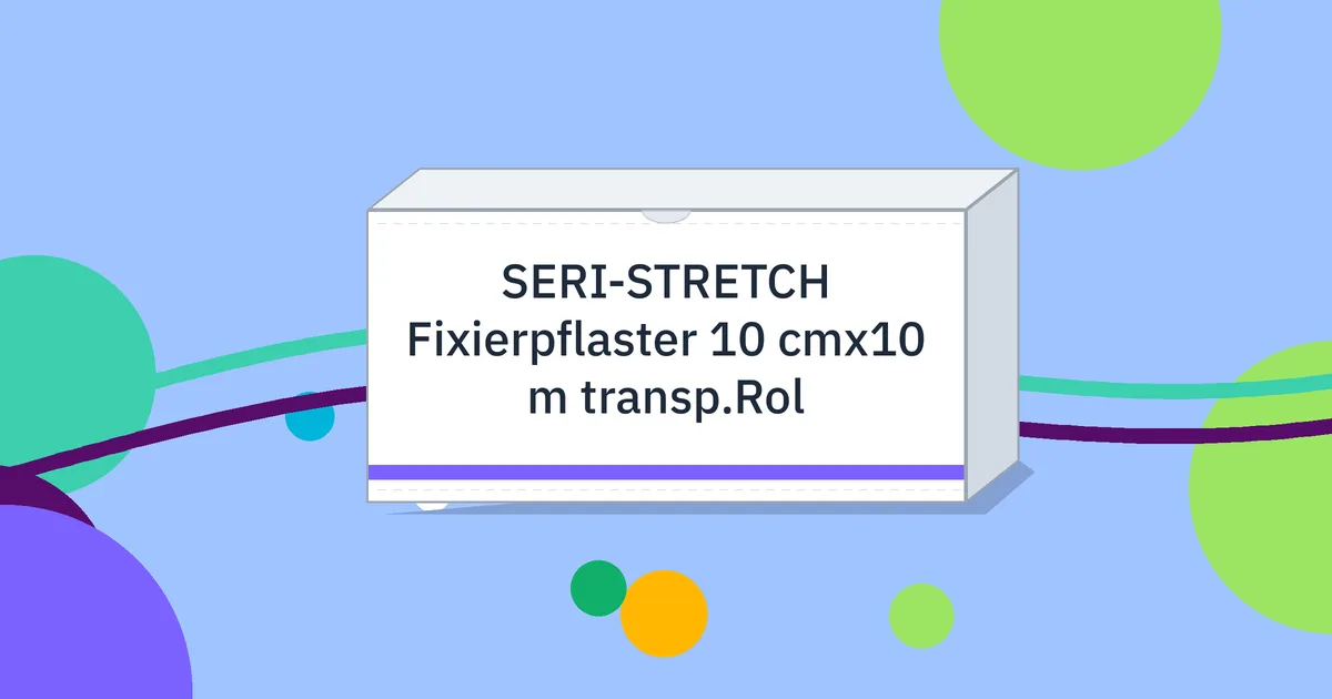 Symbolbild: Packung mit der Aufschrift SERI-STRETCH Fixierpflaster 10 cmx10 m transp.Rol (PZN 20845768) – Verfügbarkeit und Bezug in Apotheken in Frankfurt am Main
