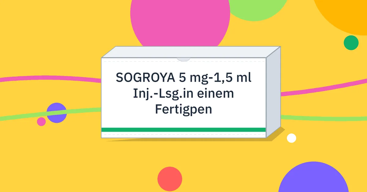 Symbolbild: Packung mit der Aufschrift SOGROYA 5 mg-1,5 ml Inj.-Lsg.in einem Fertigpen (PZN 18817428) – Verfügbarkeit und Bezug in Apotheken in Frankfurt am Main