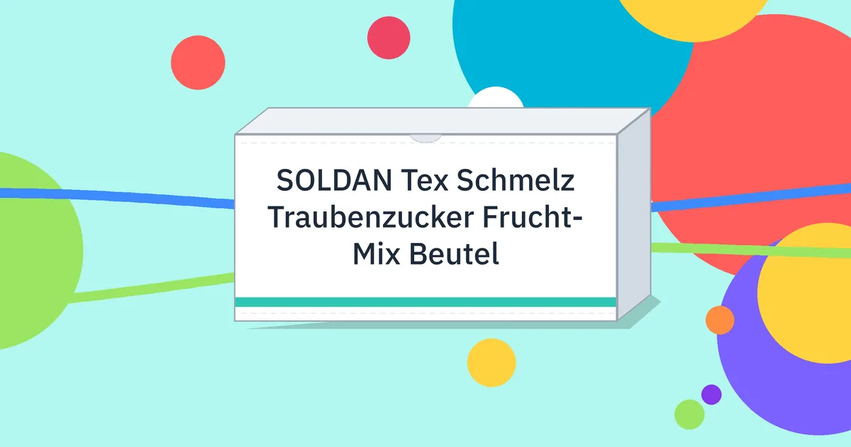 Symbolbild: Packung mit der Aufschrift SOLDAN Tex Schmelz Traubenzucker Frucht-Mix Beutel (PZN 14320642) – Verfügbarkeit und Bezug in Apotheken in Frankfurt am Main