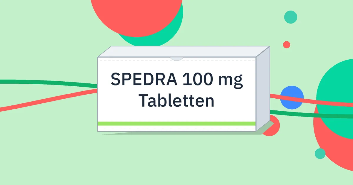 Symbolbild: Packung mit der Aufschrift SPEDRA 100 mg Tabletten (PZN 10130554) – Verfügbarkeit und Bezug in Apotheken in Frankfurt am Main