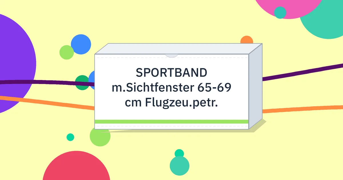 Symbolbild: Packung mit der Aufschrift SPORTBAND m.Sichtfenster 65-69 cm Flugzeu.petr. (PZN 13916261) – Verfügbarkeit und Bezug in Apotheken in Frankfurt am Main