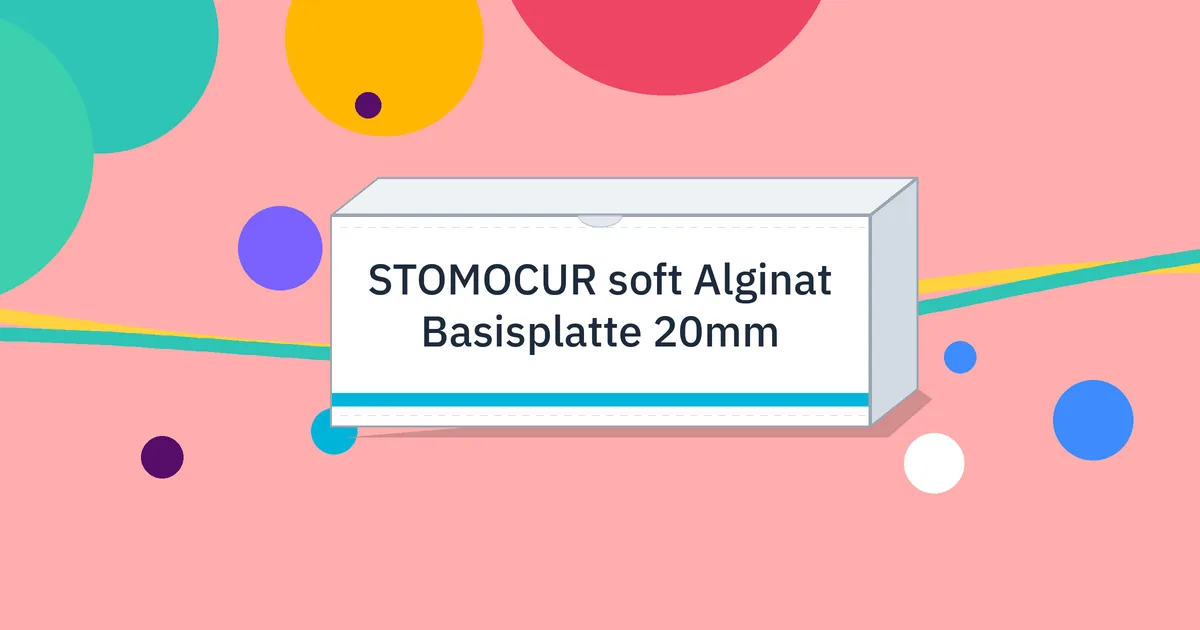 Symbolbild: Packung mit der Aufschrift STOMOCUR soft Alginat Basisplatte 20mm (PZN 08413776) – Verfügbarkeit und Bezug in Apotheken in Frankfurt am Main