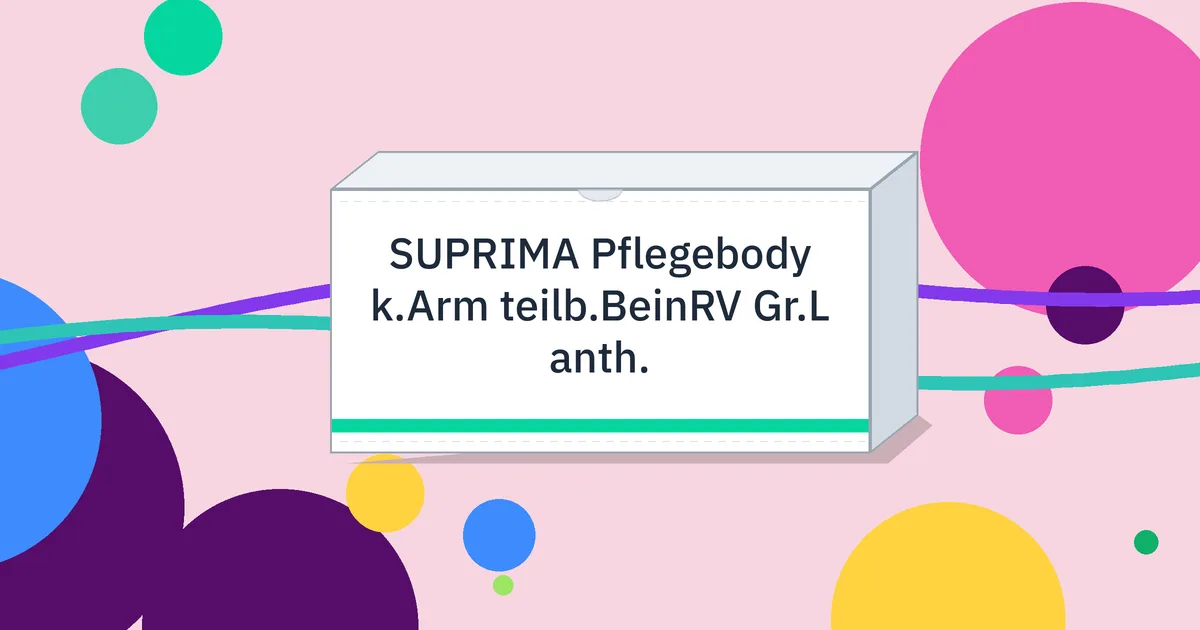 Symbolbild: Packung mit der Aufschrift SUPRIMA Pflegebody k.Arm teilb.BeinRV Gr.L anth. (PZN 10710872) – Verfügbarkeit und Bezug in Apotheken in Frankfurt am Main