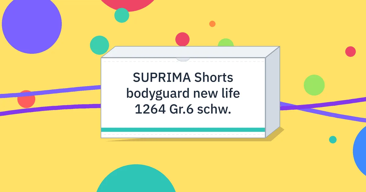 Symbolbild: Packung mit der Aufschrift SUPRIMA Shorts bodyguard new life 1264 Gr.6 schw. (PZN 18401113) – Verfügbarkeit und Bezug in Apotheken in Frankfurt am Main