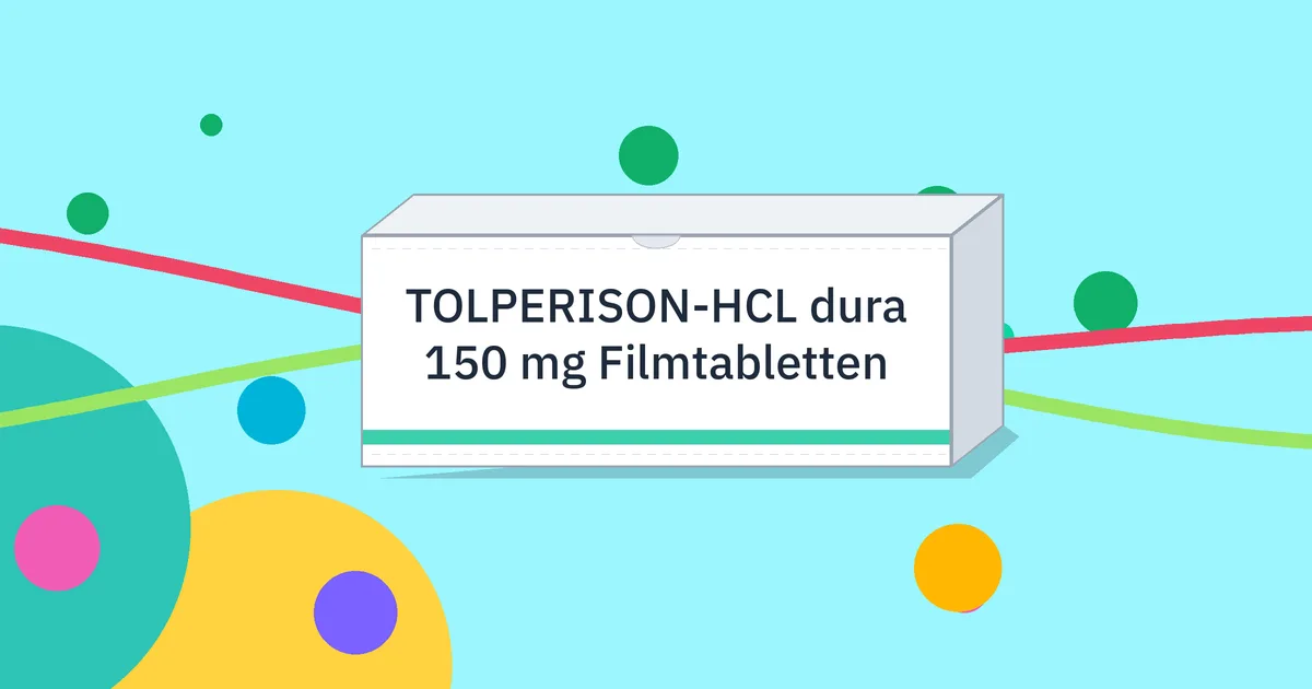 Symbolbild: Packung mit der Aufschrift TOLPERISON-HCL dura 150 mg Filmtabletten (PZN 01691644) – Verfügbarkeit und Bezug in Apotheken in Frankfurt am Main