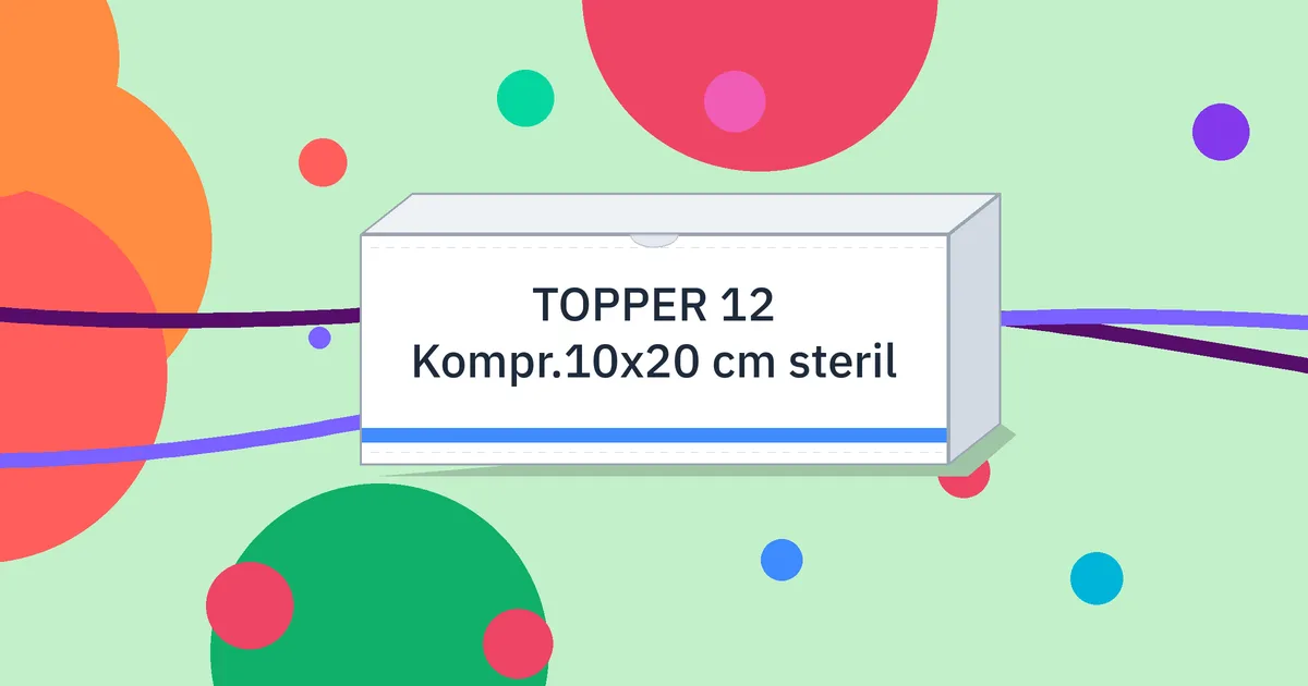 Symbolbild: Packung mit der Aufschrift TOPPER 12 Kompr.10x20 cm steril (PZN 08821311) – Verfügbarkeit und Bezug in Apotheken in Frankfurt am Main