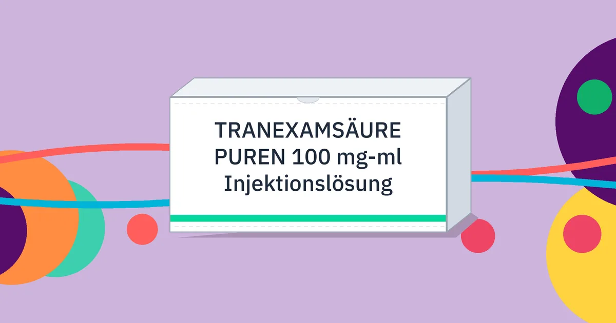 Symbolbild: Packung mit der Aufschrift TRANEXAMSÄURE PUREN 100 mg-ml Injektionslösung (PZN 12593459) – Verfügbarkeit und Bezug in Apotheken in Frankfurt am Main