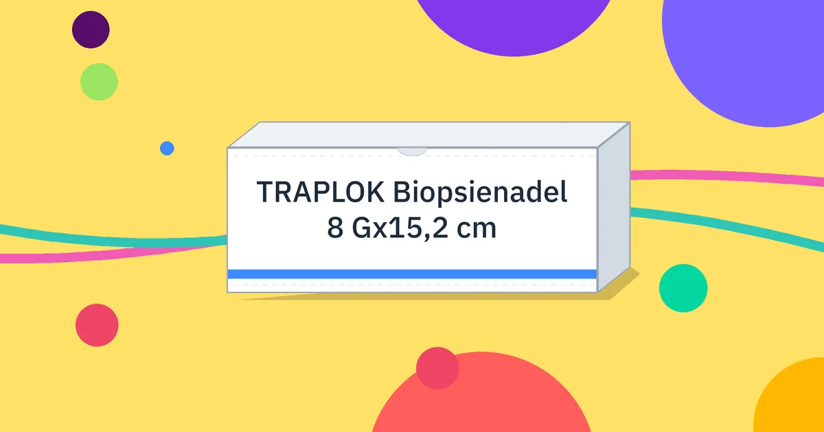 Symbolbild: Packung mit der Aufschrift TRAPLOK Biopsienadel 8 Gx15,2 cm (PZN 06772643) – Verfügbarkeit und Bezug in Apotheken in Frankfurt am Main