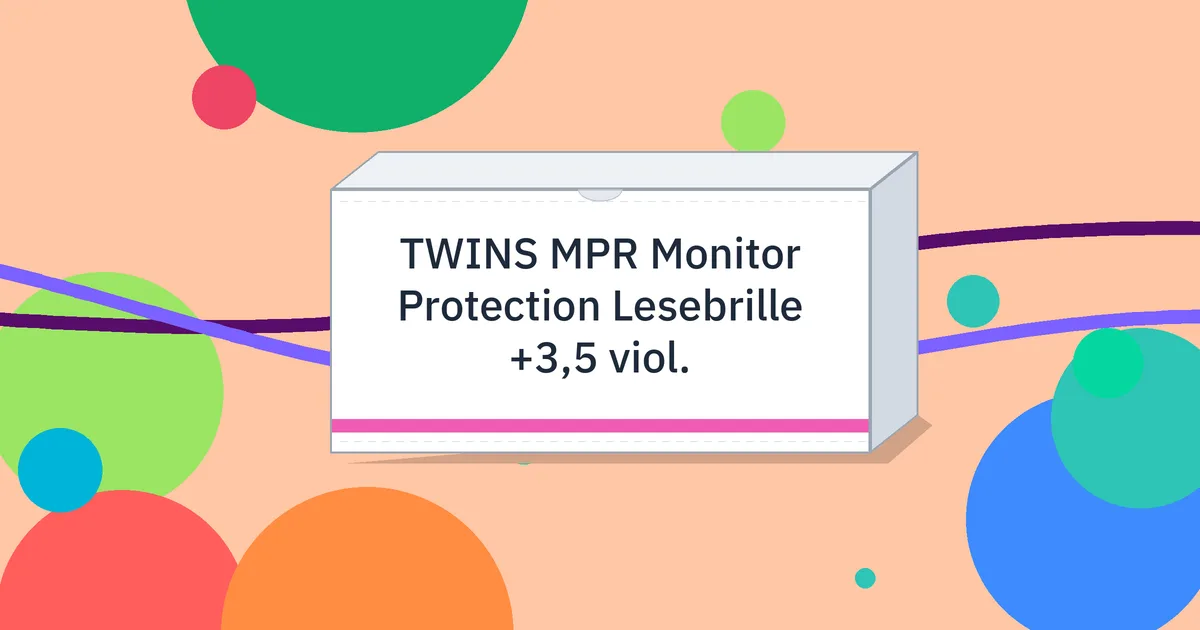 Symbolbild: Packung mit der Aufschrift TWINS MPR Monitor Protection Lesebrille +3,5 viol. (PZN 13344563) – Verfügbarkeit und Bezug in Apotheken in Frankfurt am Main